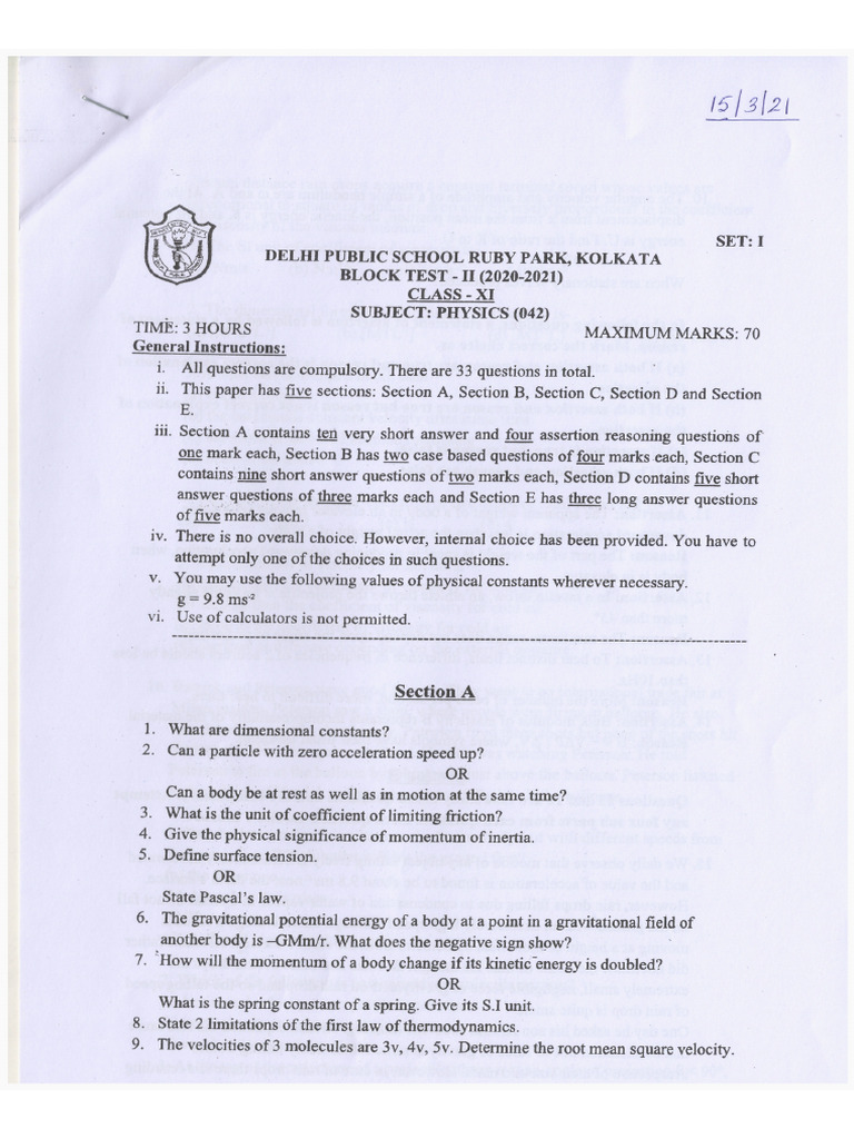 2020-21 CL 11 Physics Block Test | PDF