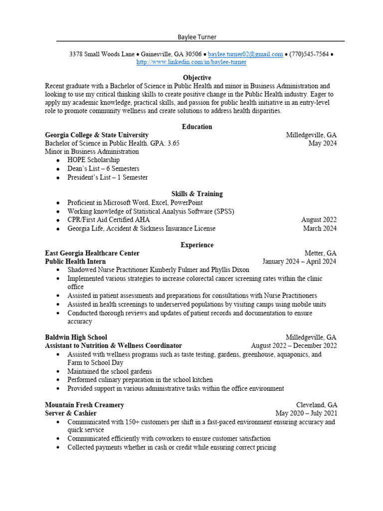 Baylee Turner - 2024 Resume | Download Free PDF | Nursing | Medicine
