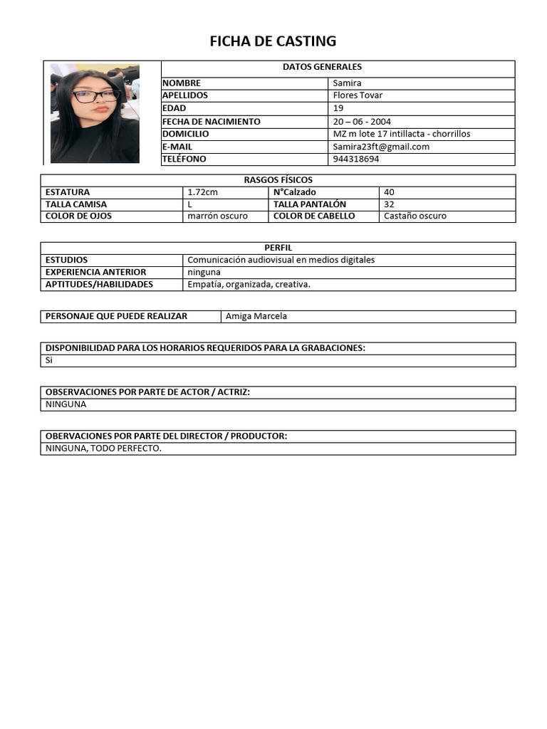 Fichas de Casting Cortometraje | PDF