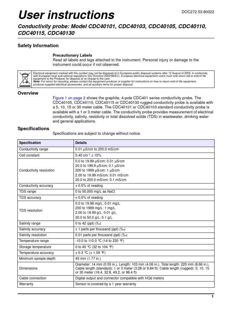 User Instructions: Conductivity Probe: Model CDC40101, CDC40103 ...