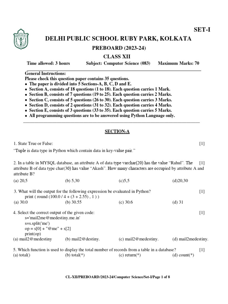 12 CS Preboard Set-I QP 2023-24 | PDF | Computer Programming | Computing