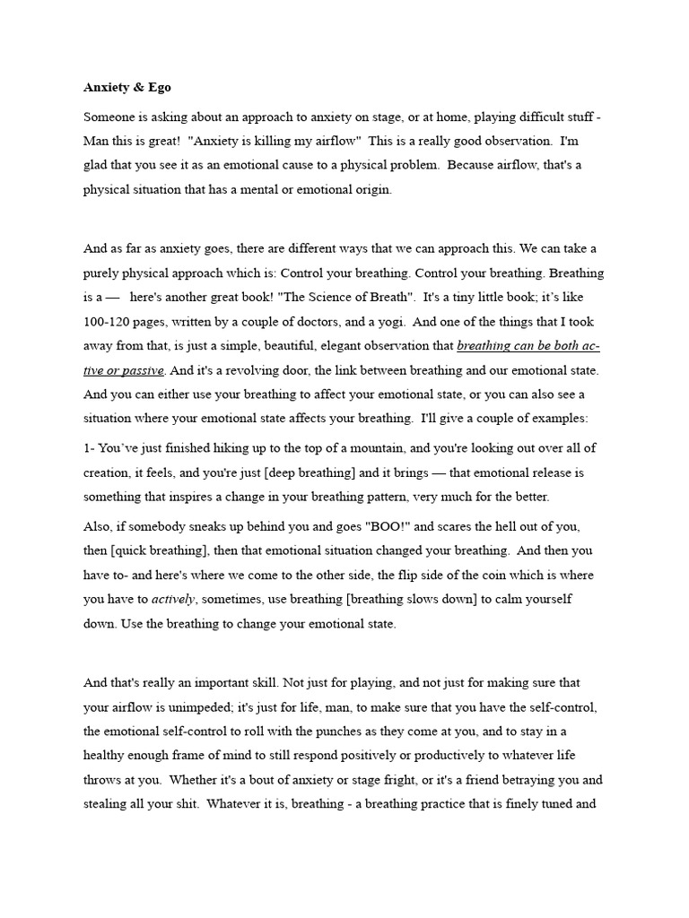 Anxiety & Ego (Transcript) | PDF | Anxiety | Breathing