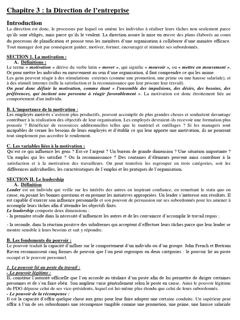 La Direction de l'Entreprise et Motivation | PDF | Motivation | Motivant