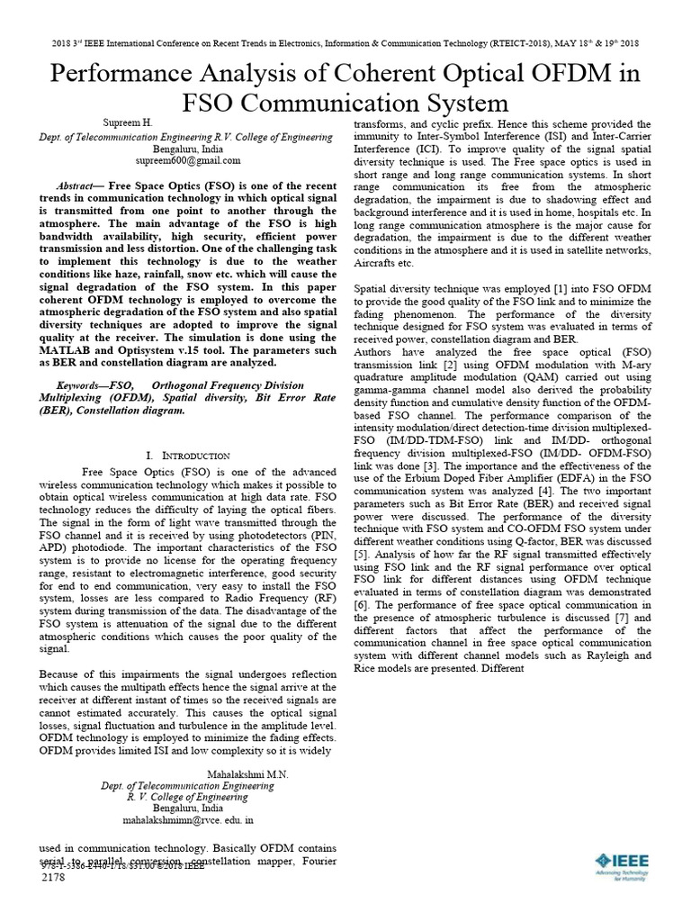 Performance Analysis Of Coherent Optical Ofdm In Fso Communication