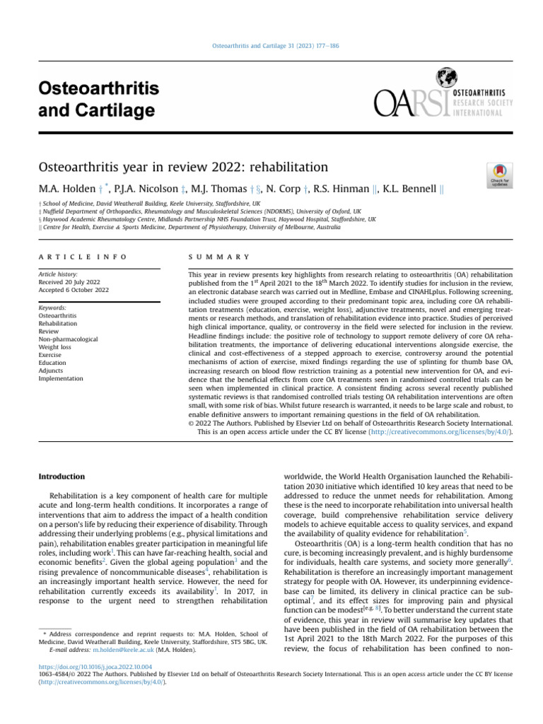 Osteoartritis 2022 Oarsi | PDF | Physical Therapy | Randomized ...
