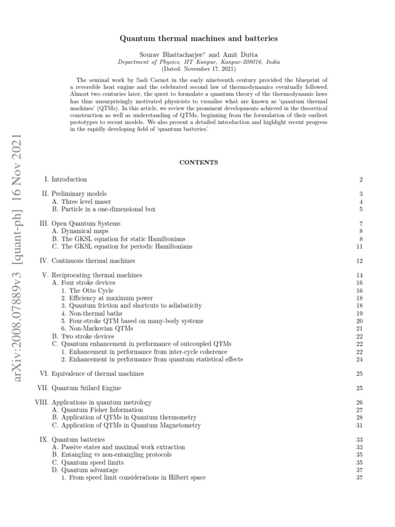 Quantum Thermal Machines And Batteries Pdf Thermodynamics Heat