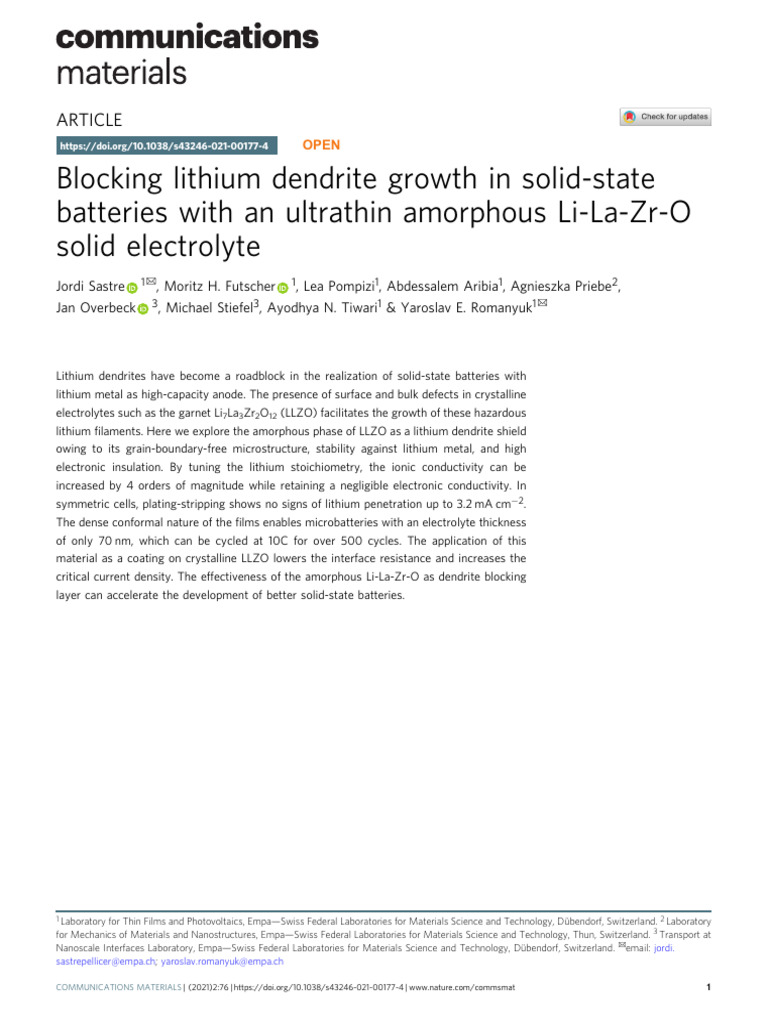 Blocking Lithium Dendrite Growth in Solid-State Batteries With An Ultrathin Amorphous Li-La-Zr-O ...
