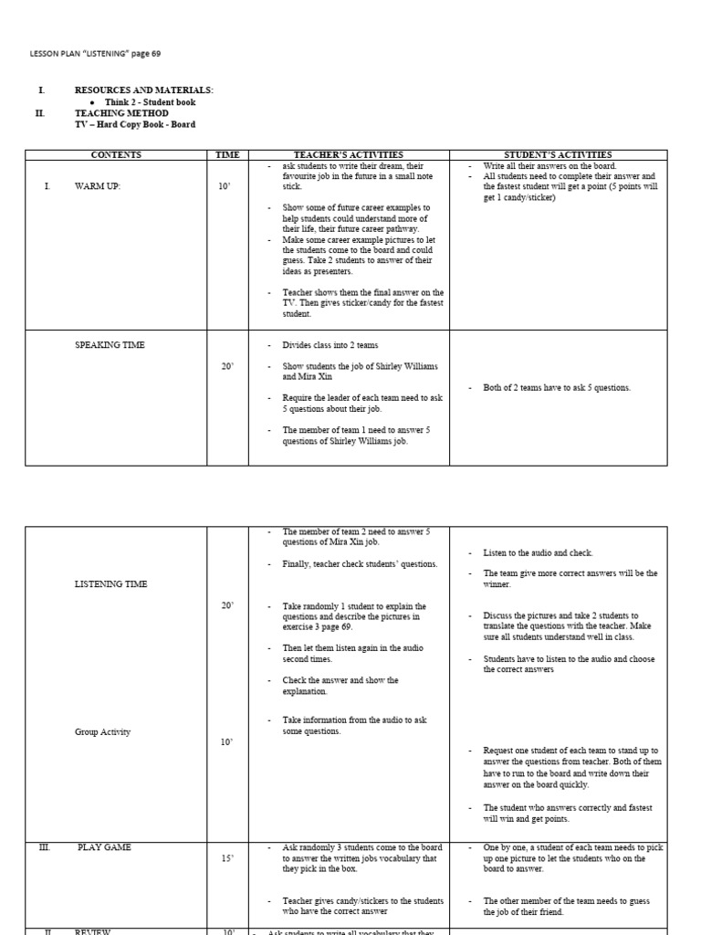 Listening p69 - Lesson Plan - Ms Tracy | PDF | Cognition | Learning