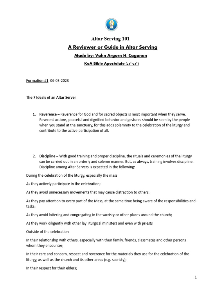 Altar Serving 101 | PDF | Mass (Liturgy) | Eucharist