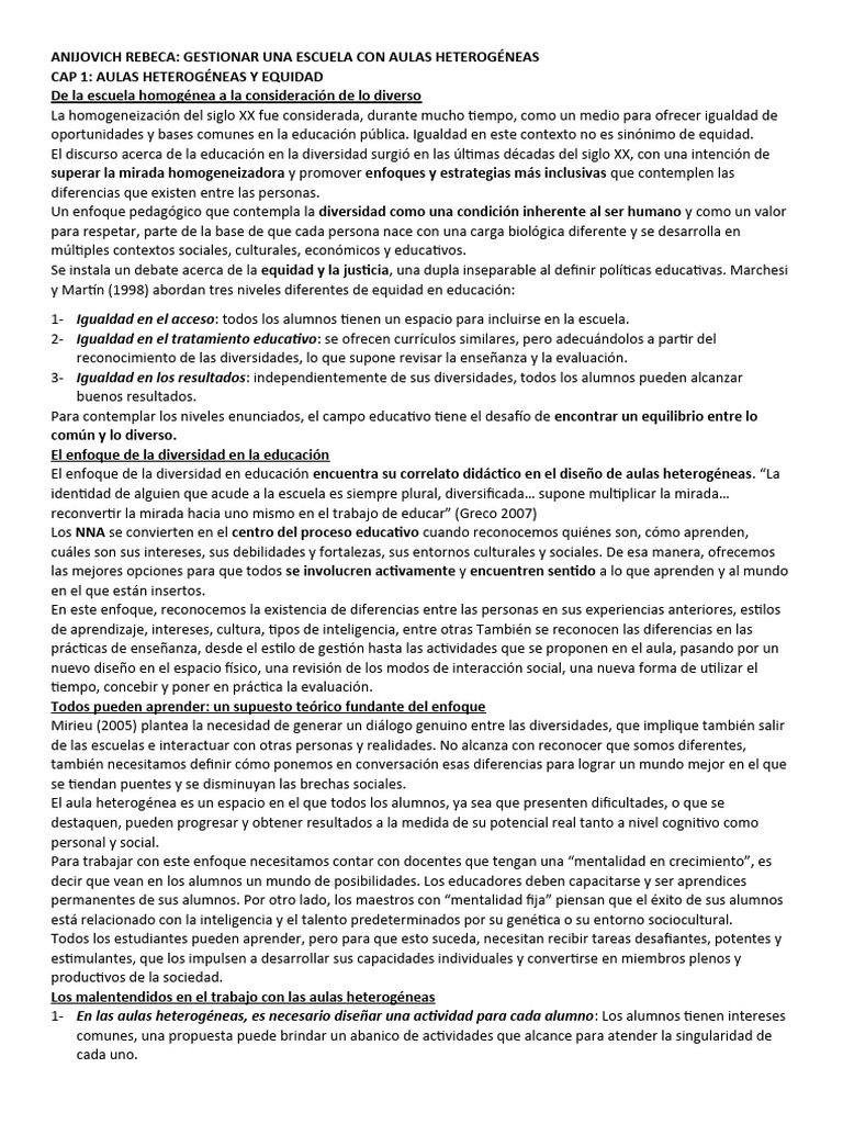 Anijovich Rebeca Aulas Heterogéneas Pdf Enseñando Aprendizaje