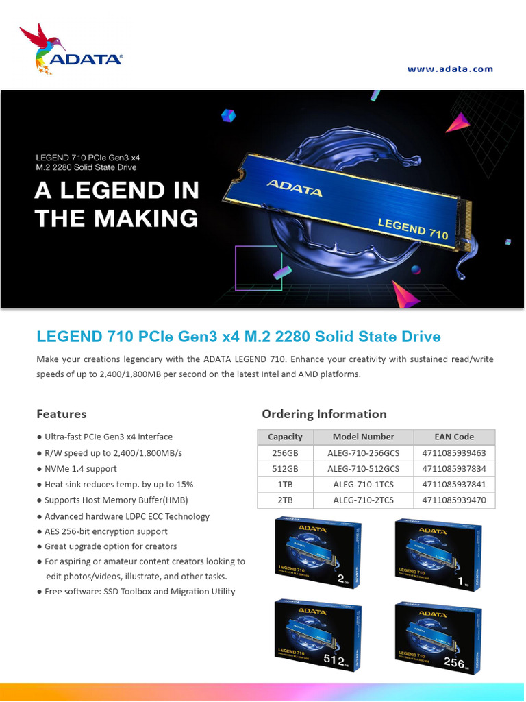 Datasheet Legend 710 Pcie Gen3 x4 m2 2280 SSD 20240221 | PDF | Solid State Drive | Flash Memory