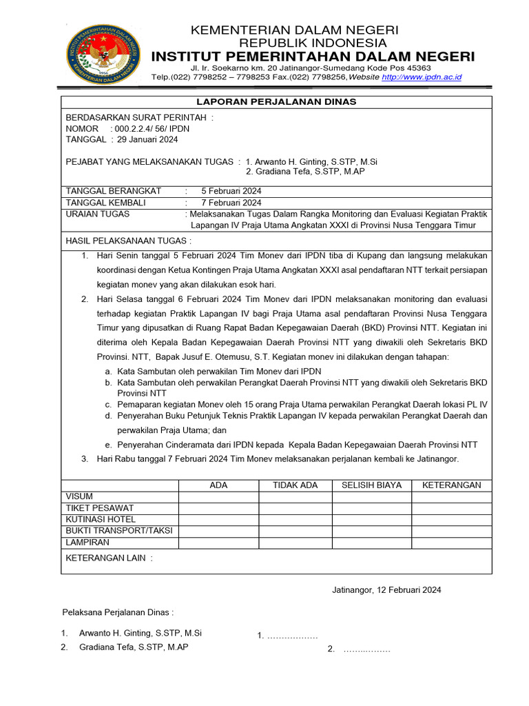 Contoh Laporan Perjadin Monev PL IV NTT 2024 | PDF