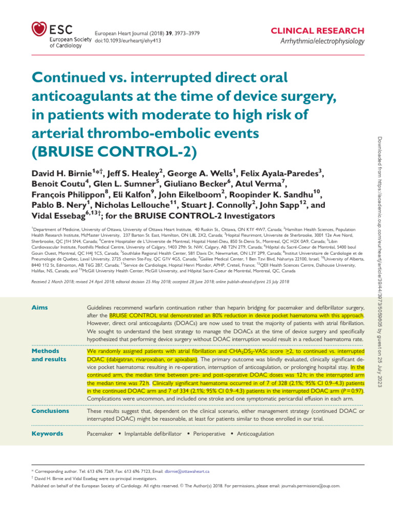 BRUISE CONTROL-2 Trial. EHJ 2018 | PDF | Medical Specialties | Clinical Medicine