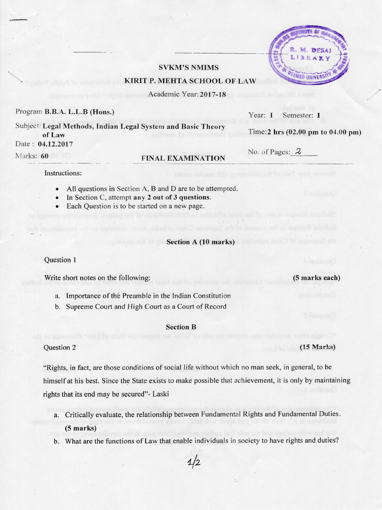 Legal Methods Exam: Indian Legal System | PDF | Judicial Review | Rule ...