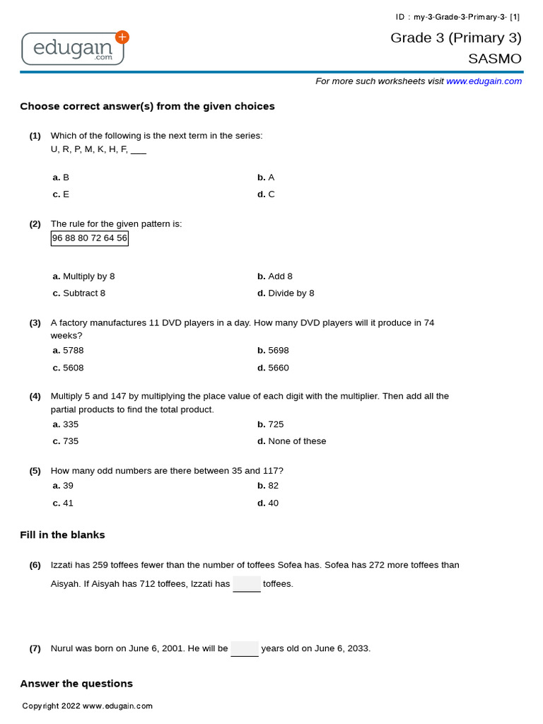SASMO YEAR 3 - Edugain | PDF | Mathematical Notation | Numbers