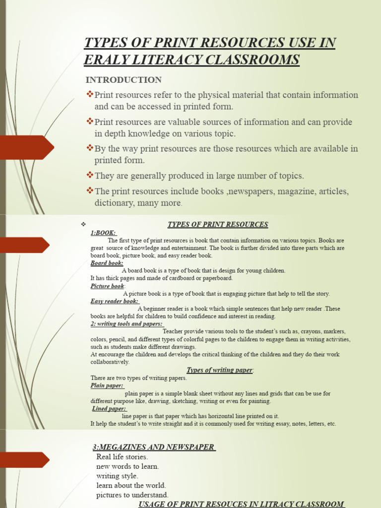 Types of Print Resources Use in Eraly Literacy | PDF | Books | Written ...