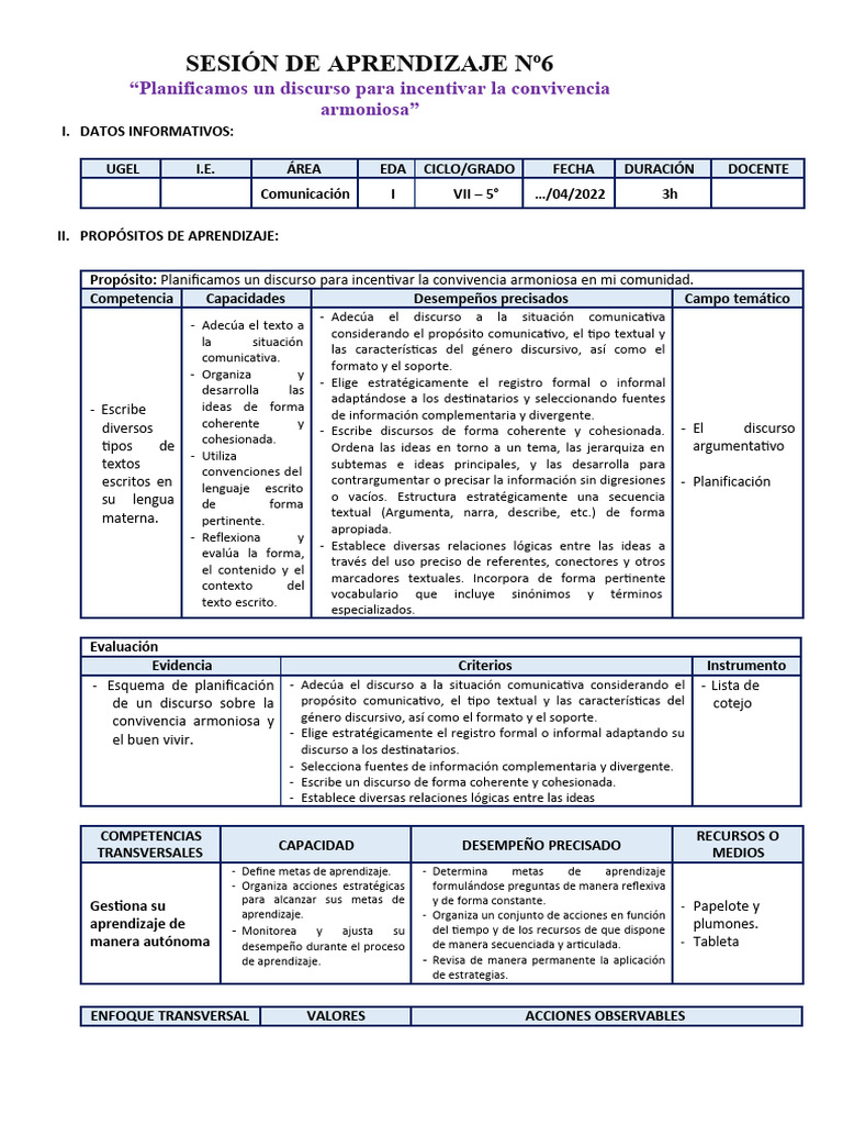 5° Sesión de Aprendizaje Sesión 6-Sem.3-Exp.1-Com | PDF | Aprendizaje | Hablar en público
