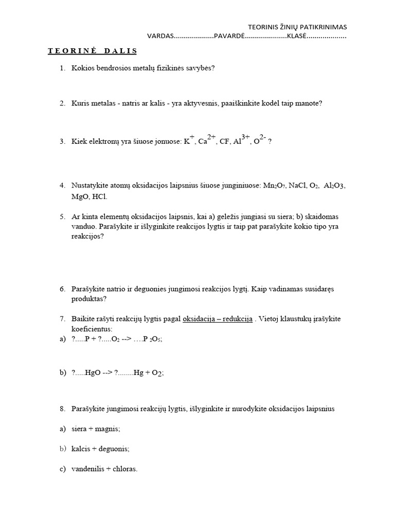 8 Kl. Baigiamasis Chemijos Kontrolinis | PDF