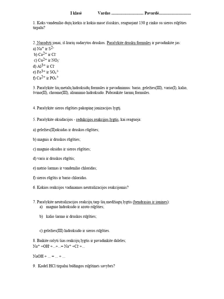 9 Kl. Chemija Kontrolinis | PDF