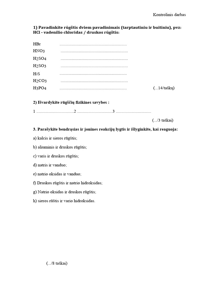 9 Kl. Chemija Kontrolinis Rugstys | PDF