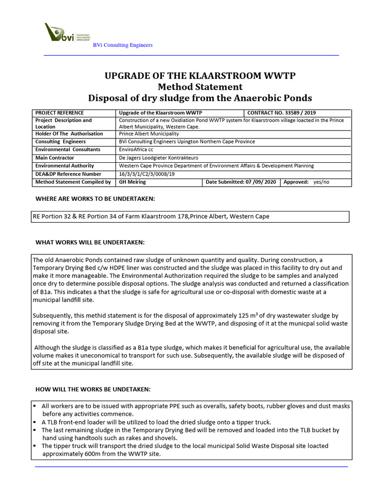 Klaarstroom WWTP Sludge Disposal Plan | PDF | Sewage Treatment | Municipal Solid Waste