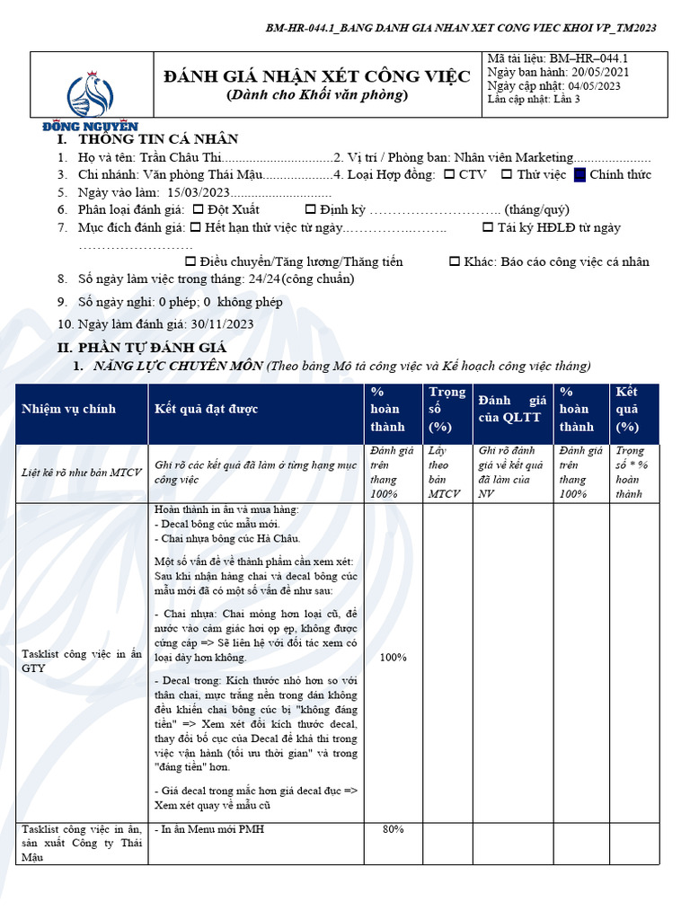 Chau Thi - BM-HR - 044.1 - Bang Danh Gia Nhan Xet Cong Viec Khoi VP ...