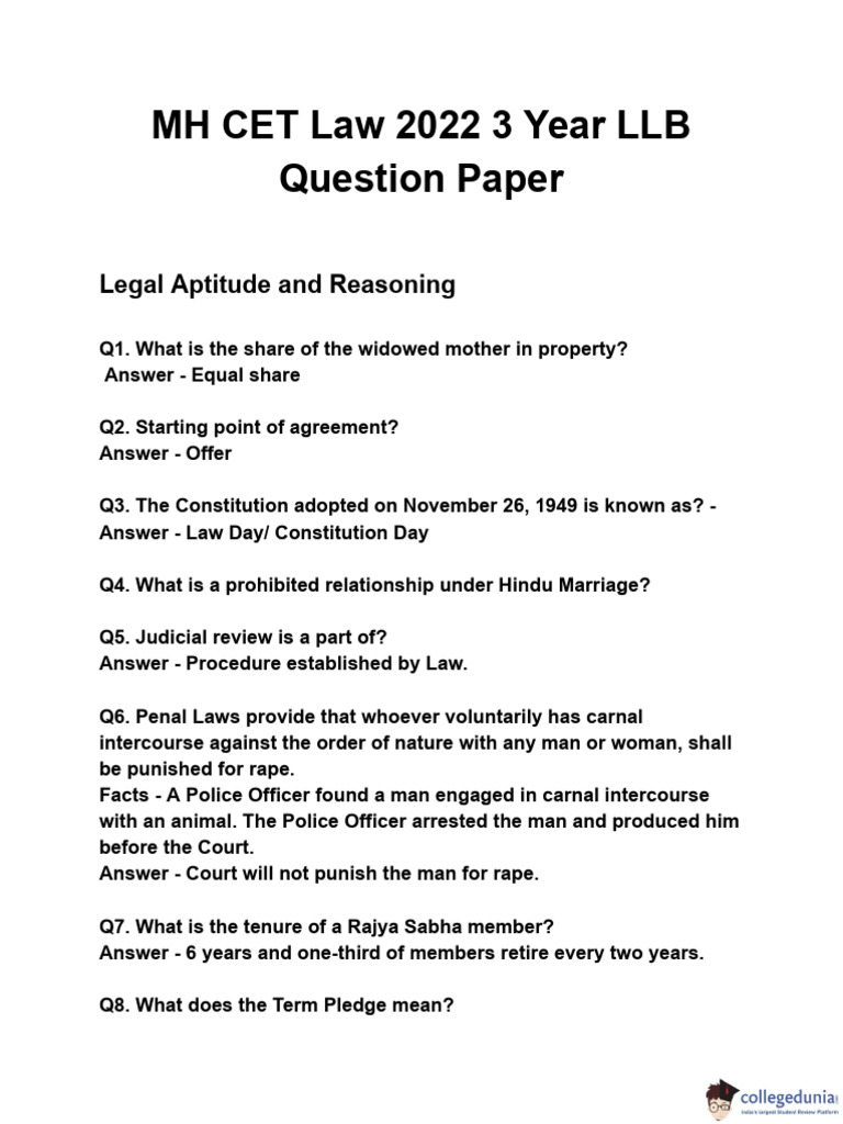 MH CET Law 2022 3 Year LLB Question Paper | PDF