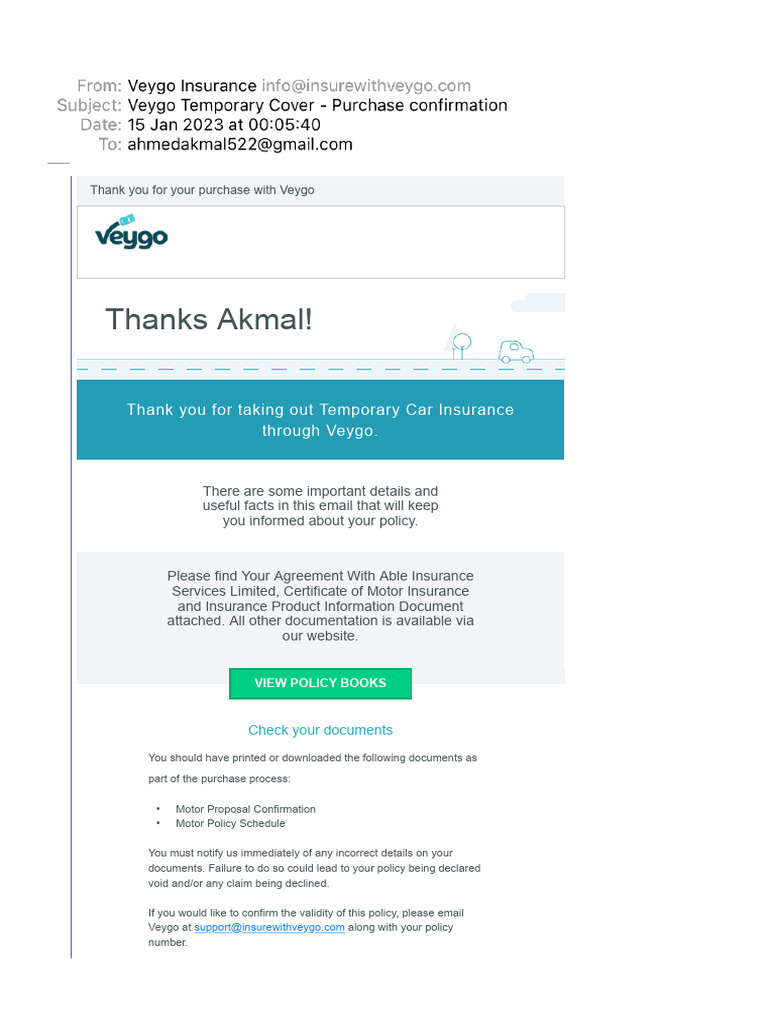 Veygo Temporary Cover - Purchase Confirmation | PDF | Insurance ...