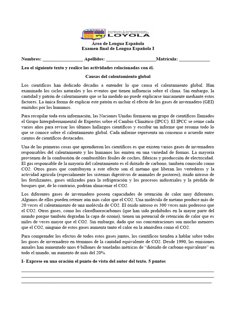 Examen Final LE I Mayo-Agosto | PDF | Gases de efecto invernadero ...