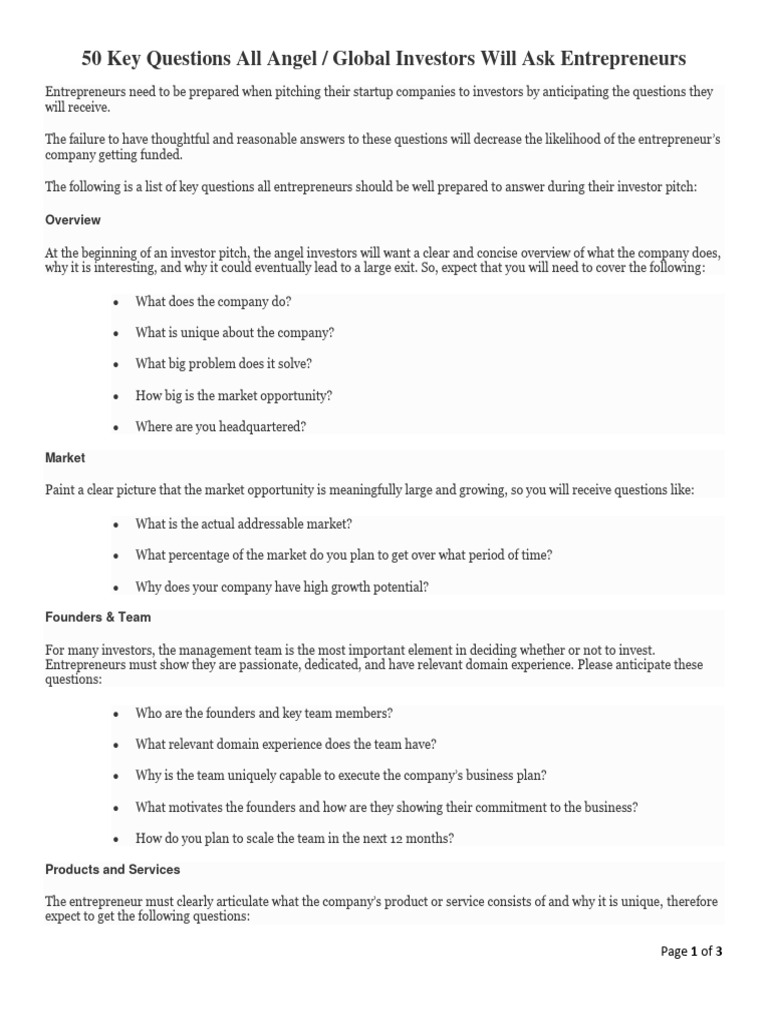 50 Key Questions Global Angel Investors Will Ask | PDF | Intellectual ...