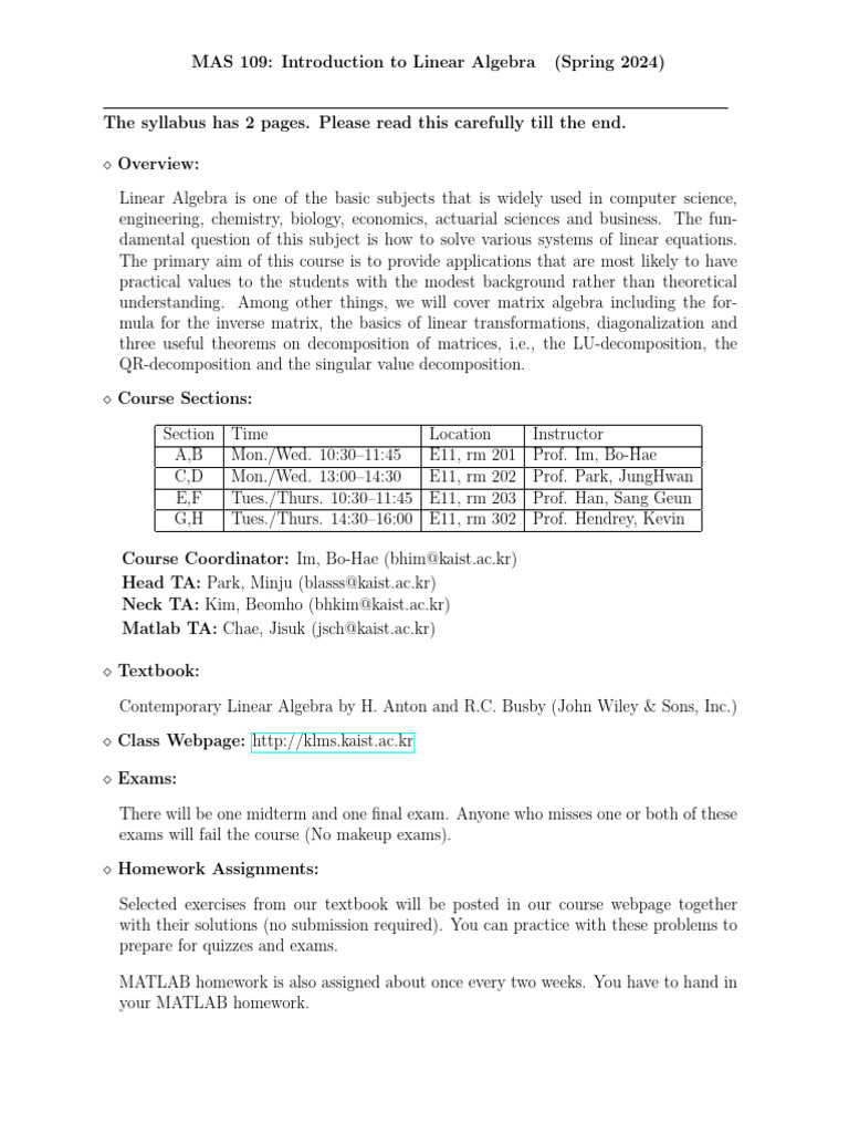 MAS109 Syllabus-V2 | PDF | Matrix (Mathematics) | Algebra