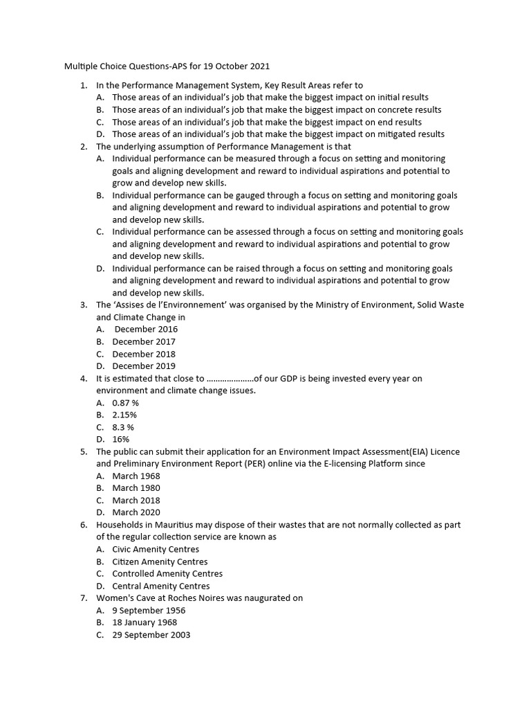 Multiple Choice QuestionsAPS19OCTOBER | PDF