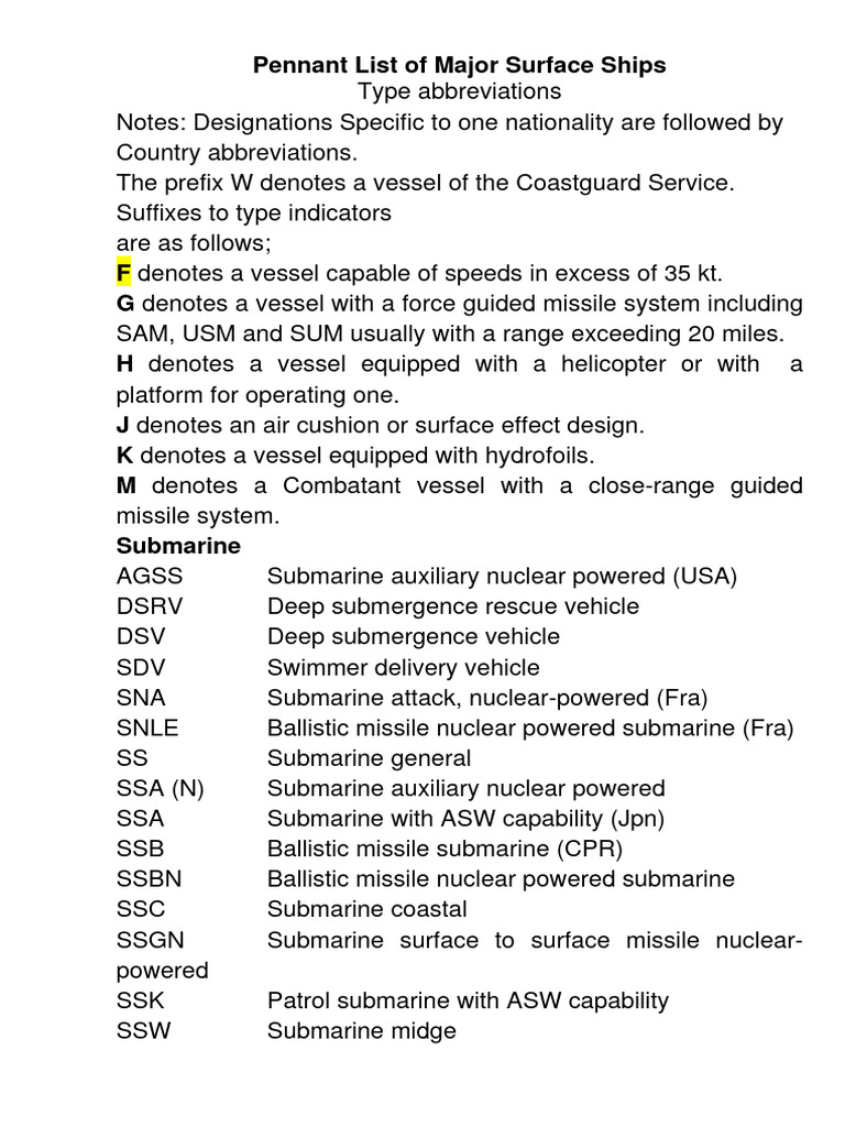 Major Surface Ships Pennant List | PDF | Horsepower | Naval Ships