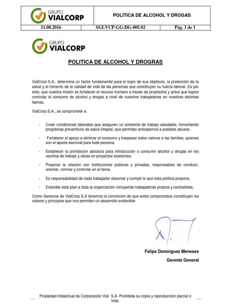 Política de Alcohol y Drogas VialCorp | PDF | Relaciones personales ...