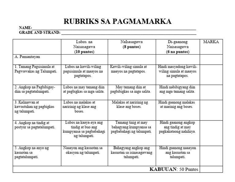 RUBRIKS-SA-PAGTATALUMPATI | PDF