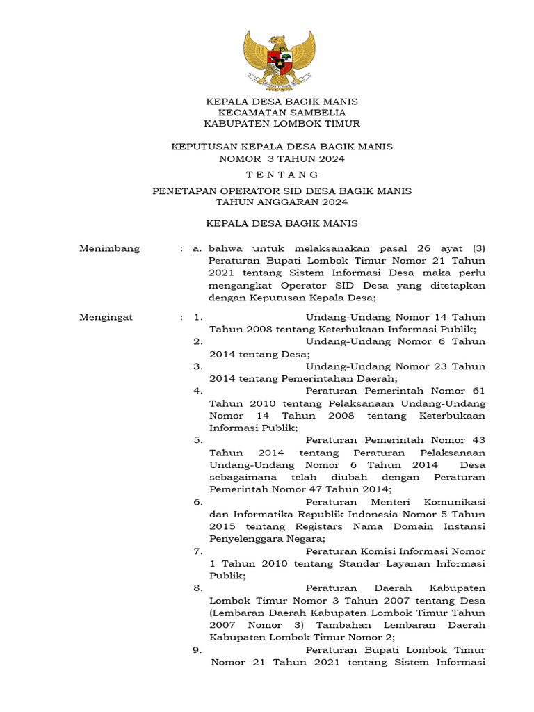 SK Operator SID Desa Bagik Manis 2024 | PDF