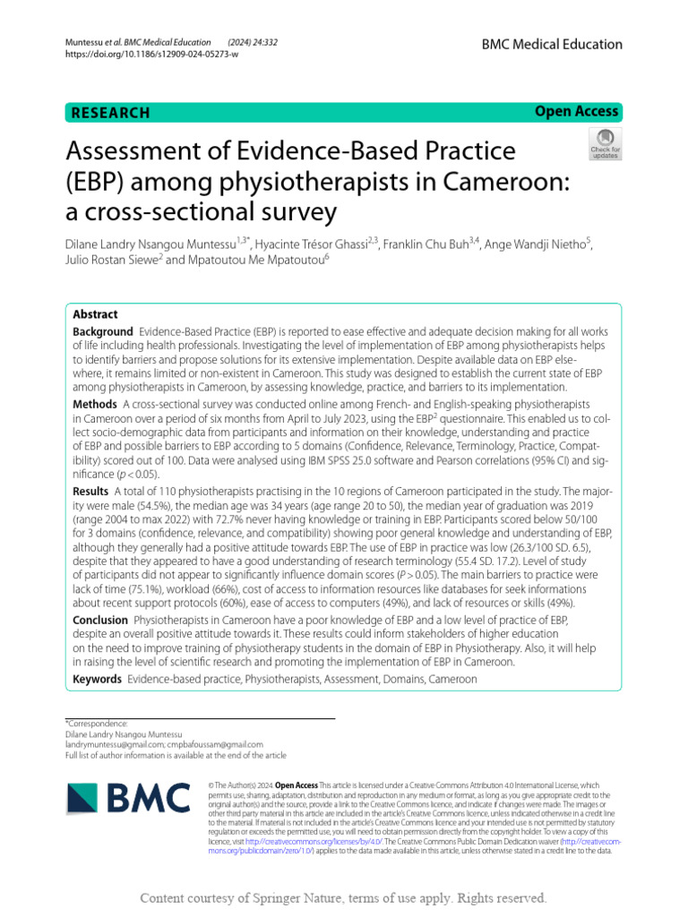Assessment of Evidence-Based Practice EBP Among Physiotherapists in ...