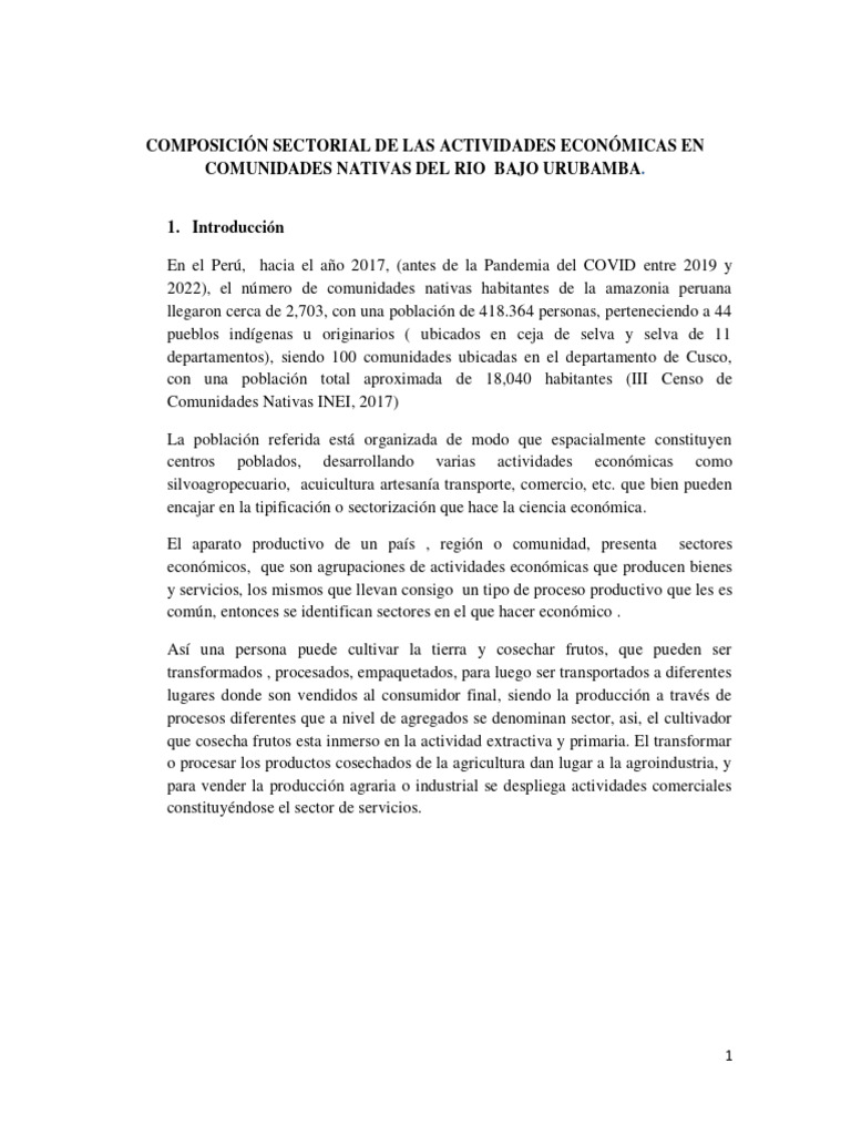 Composicion Sectorial En La Economia De Comunidades Nativas De Cusco Peru Hacia 2022 Pdf