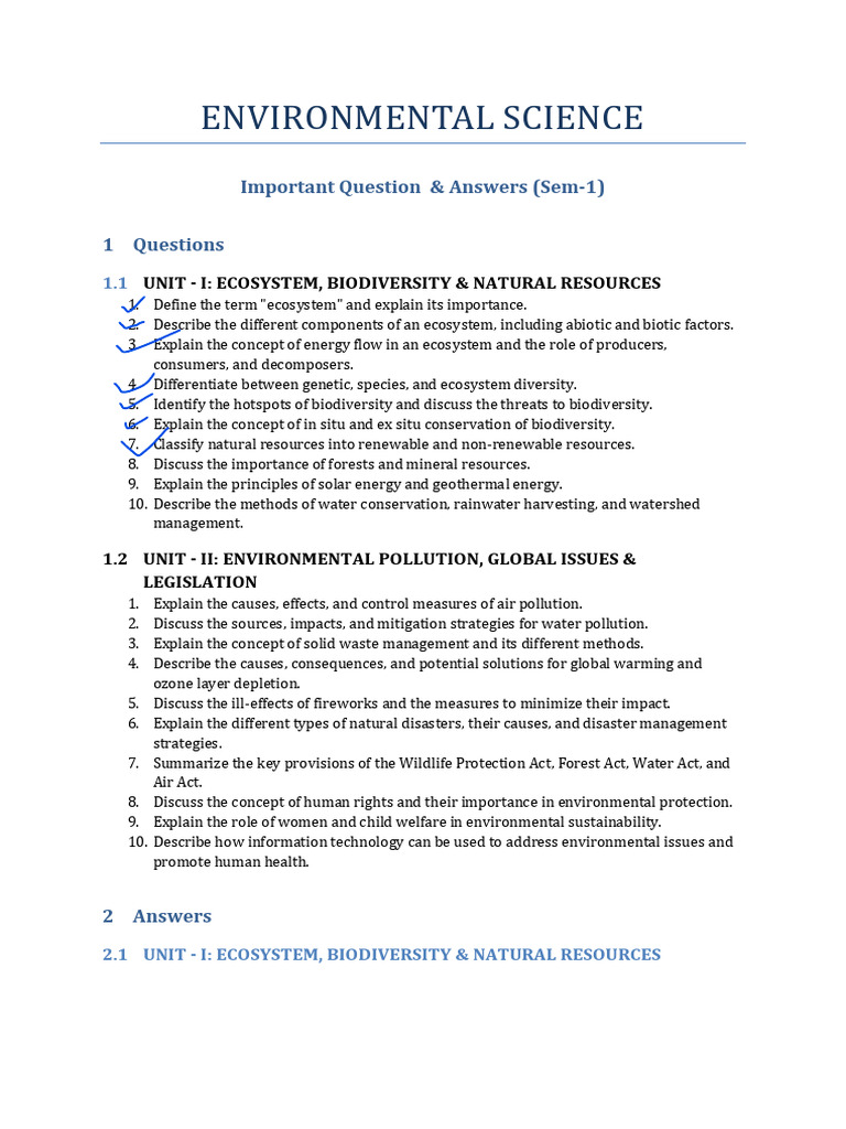 ENVIRONMENTAL SCIENCE Q&A Sem 1 | PDF | Ozone Depletion | Waste