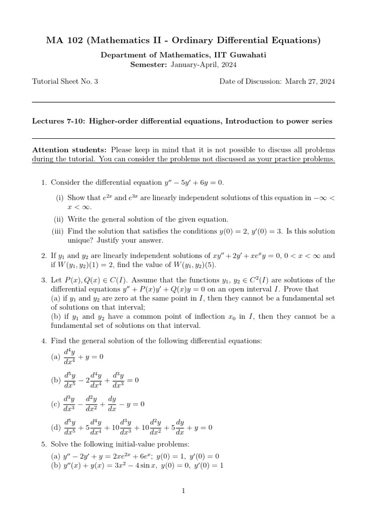 Higher-Order Differential Equations Tutorial | PDF | Subtraction ...
