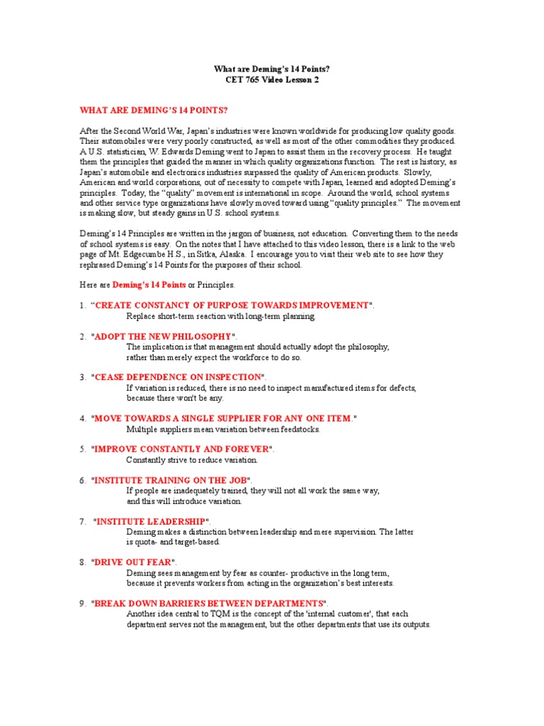 Deming's 14 Points Explained | PDF | Economies | Business