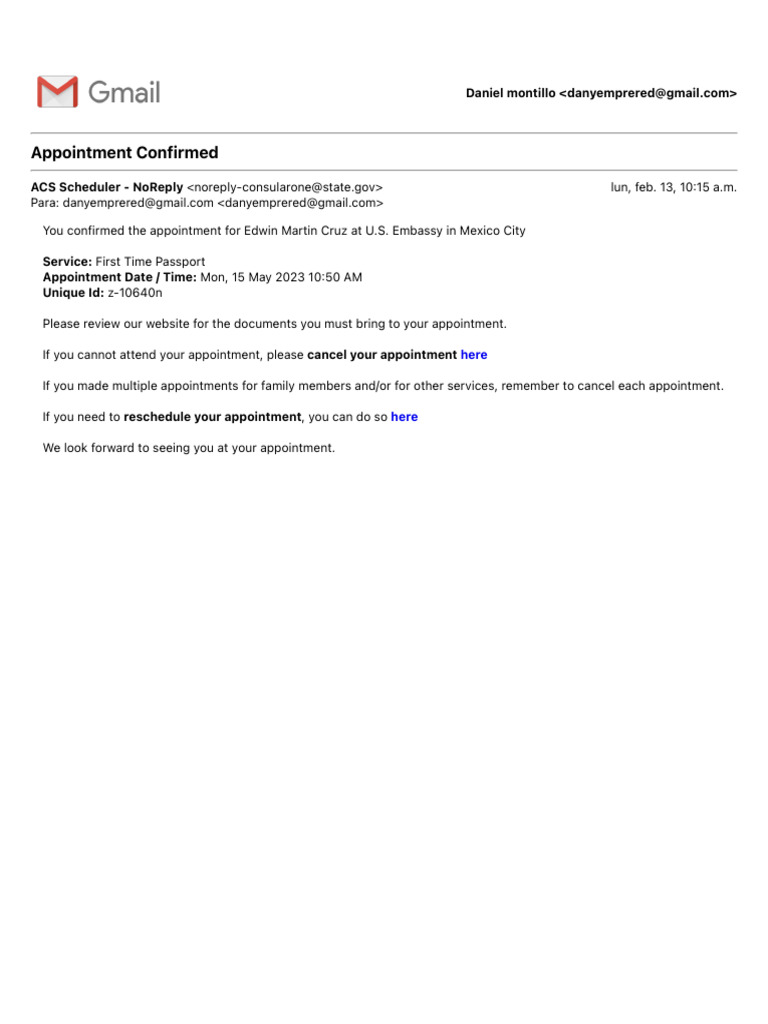 U.S. Embassy Mexico Passport Appointment Confirmation | PDF | Law