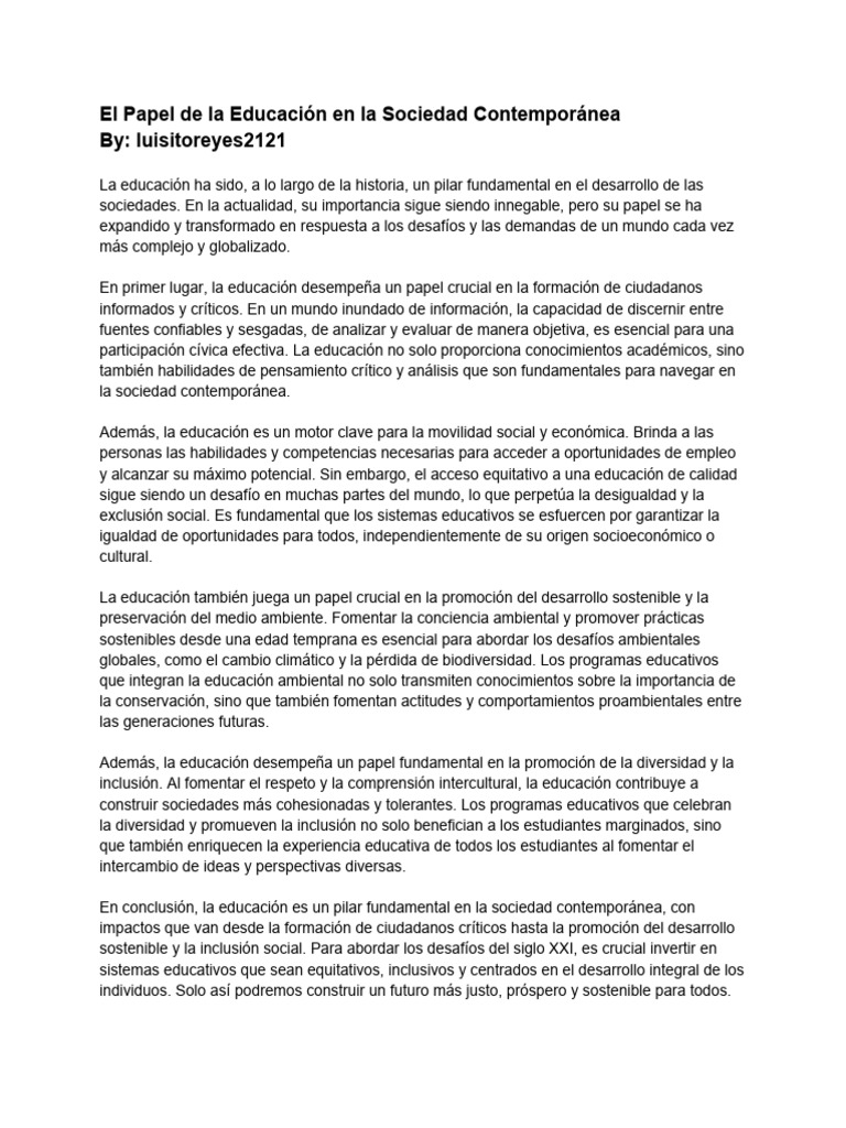 El Papel de La Educación en La Sociedad Contemporánea | PDF | Sociedad ...