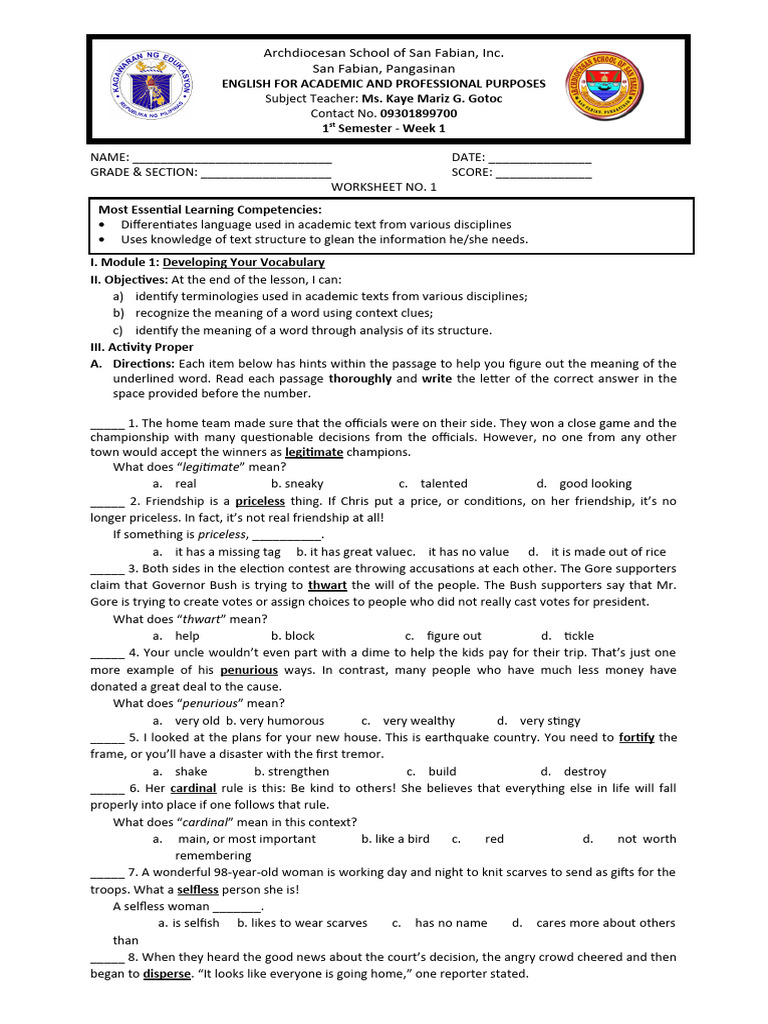 Eapp Worksheet 1 | PDF | Linguistics