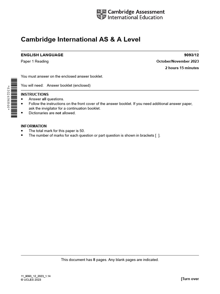 Cambridge International AS & A Level: 9093/12 English Language | PDF ...