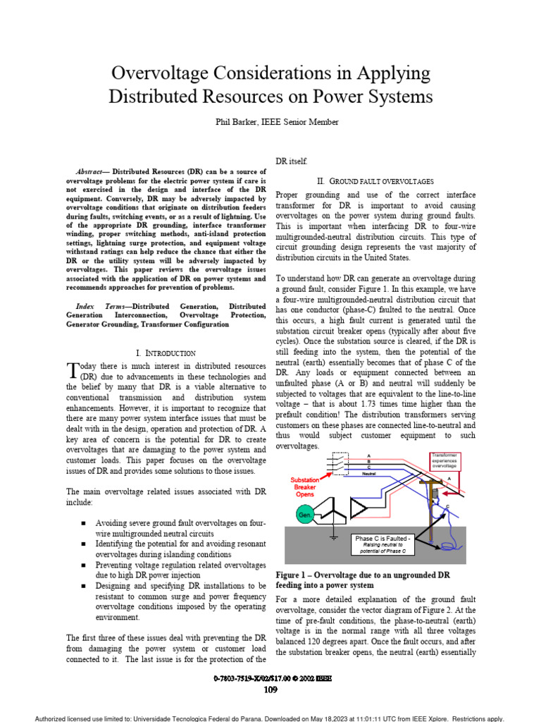 Overvoltage Considerations in Applying Distributed Resources On Power Systems | PDF | Electrical ...
