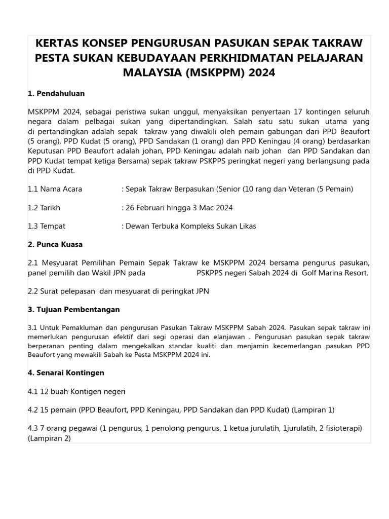 Pengurusan Pasukan Sepak Takraw MSKPPM 2024 | PDF