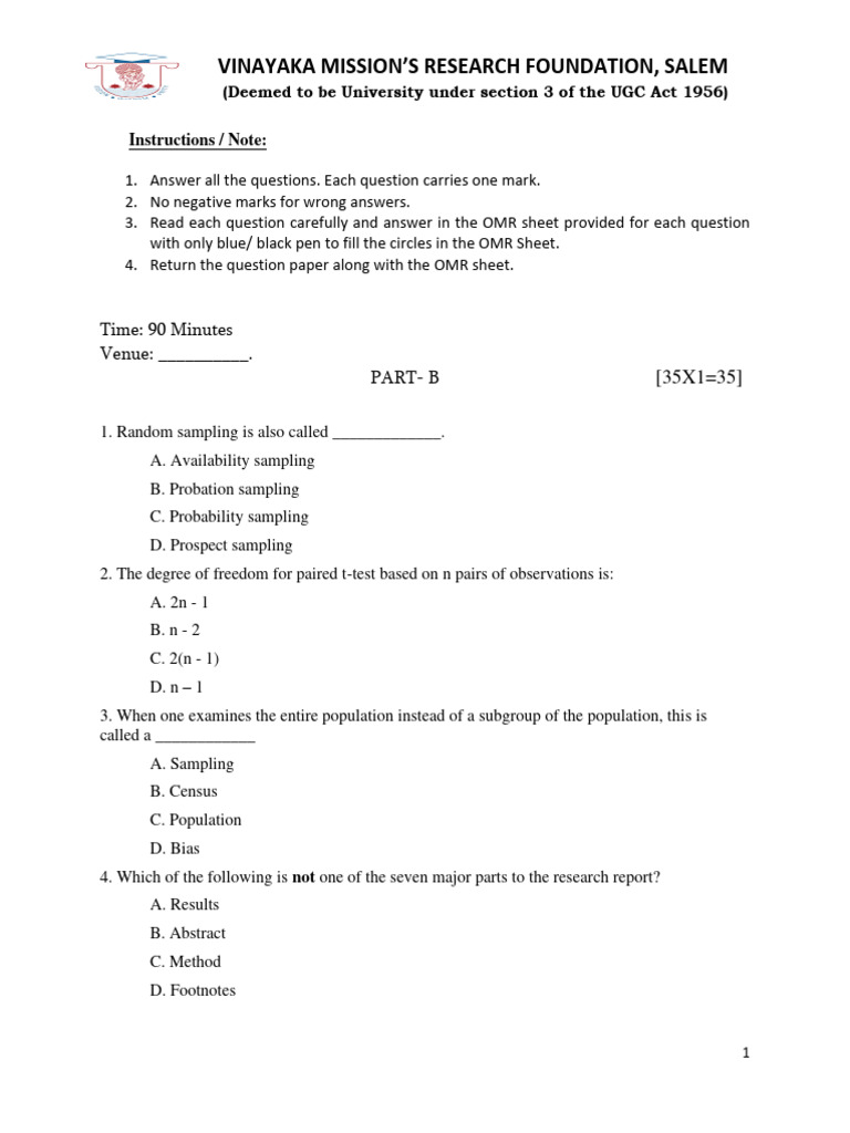 Vinayaka Mission'S Research Foundation, Salem: Instructions / Note ...