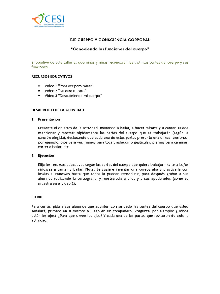 Taller de Cuerpo y Consciencia Infantil | PDF