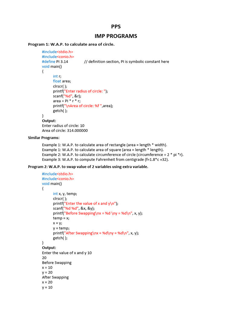 PPS Imp Programs | PDF | Area | Pointer (Computer Programming) PPS Imp Programs | PDF | Area | Pointer (Computer Programming)